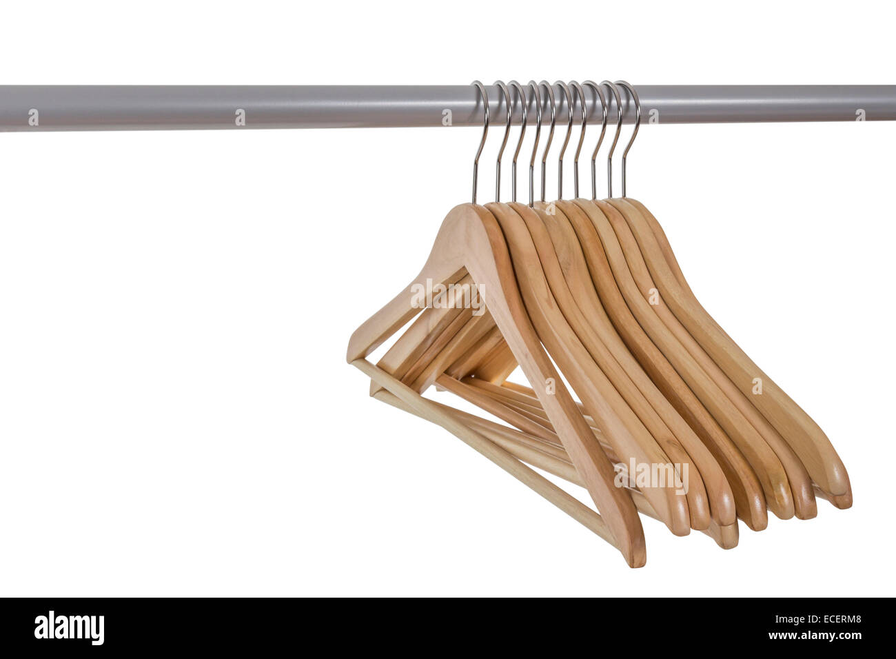 Set of empty wooden hangers on a rack, isolated on white background ...