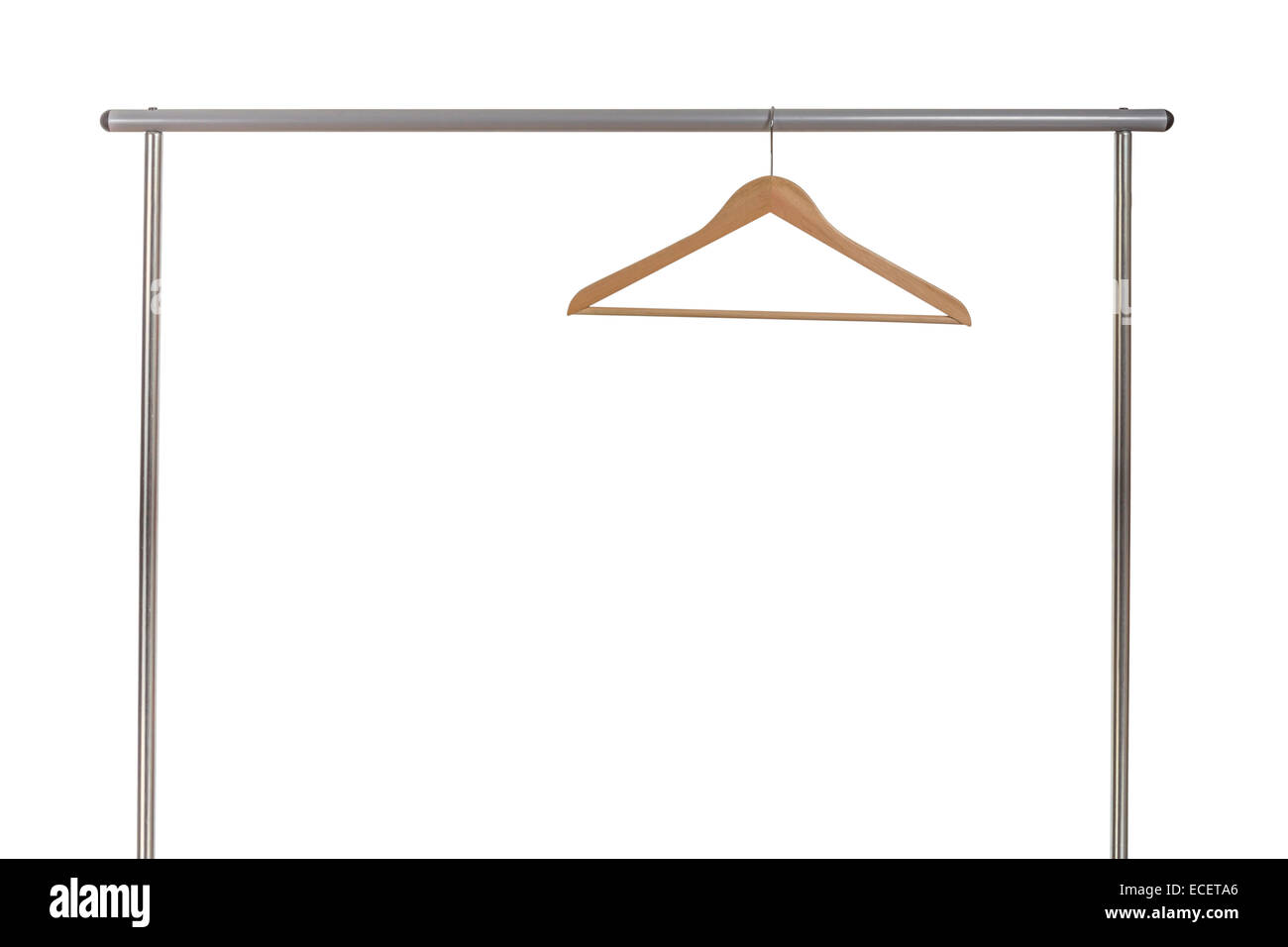 Set of empty wooden hangers on a rack, isolated on white background ...