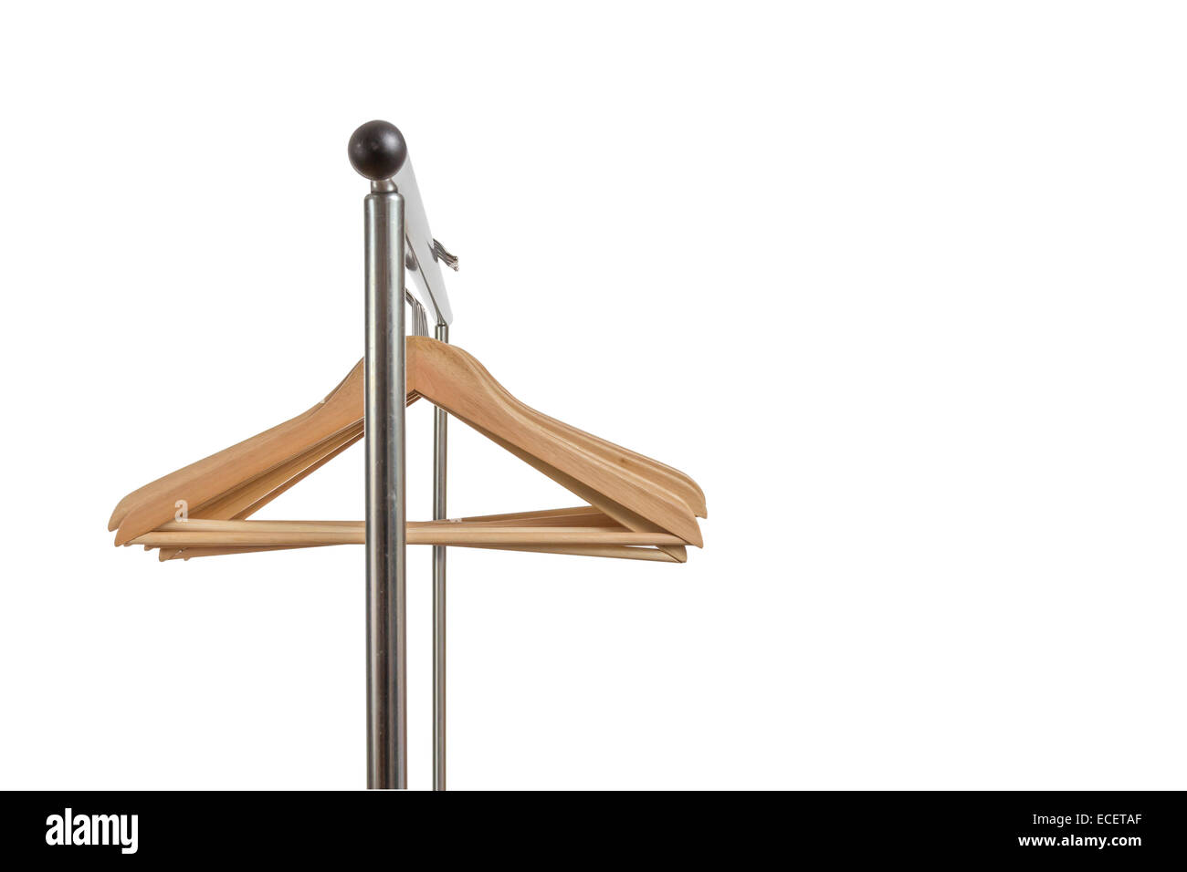 Set of empty wooden hangers on a rack, isolated on white background ...