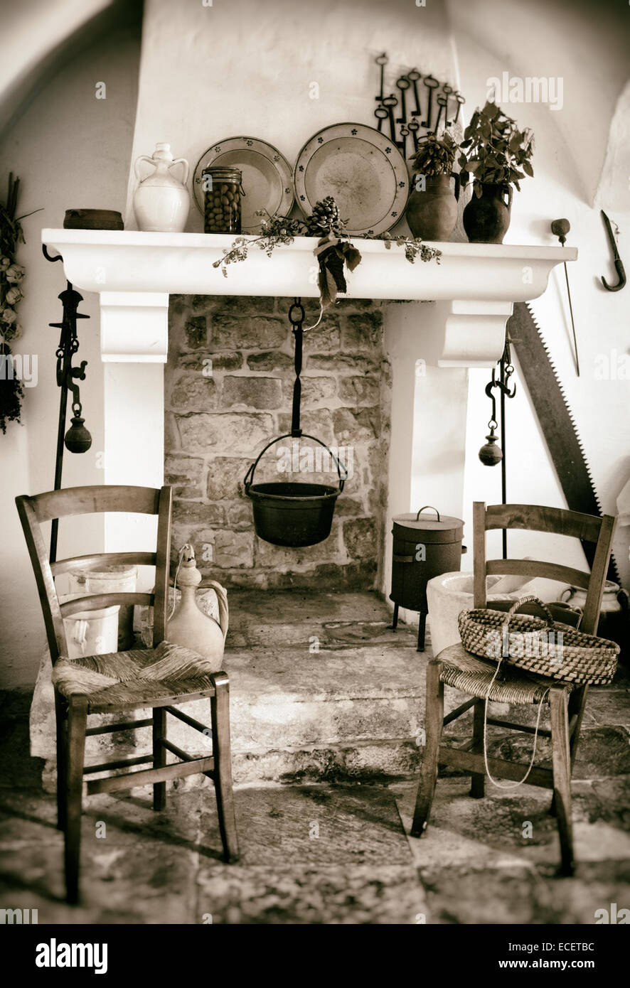Old fireplace used for cooking inside a trullo in Alberobello Stock ...