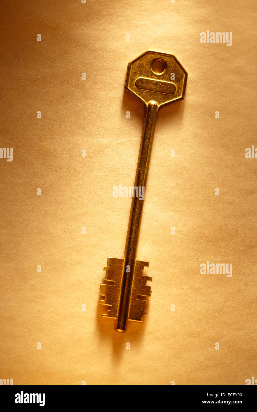 Metallic classic key on paper background Stock Photo - Alamy