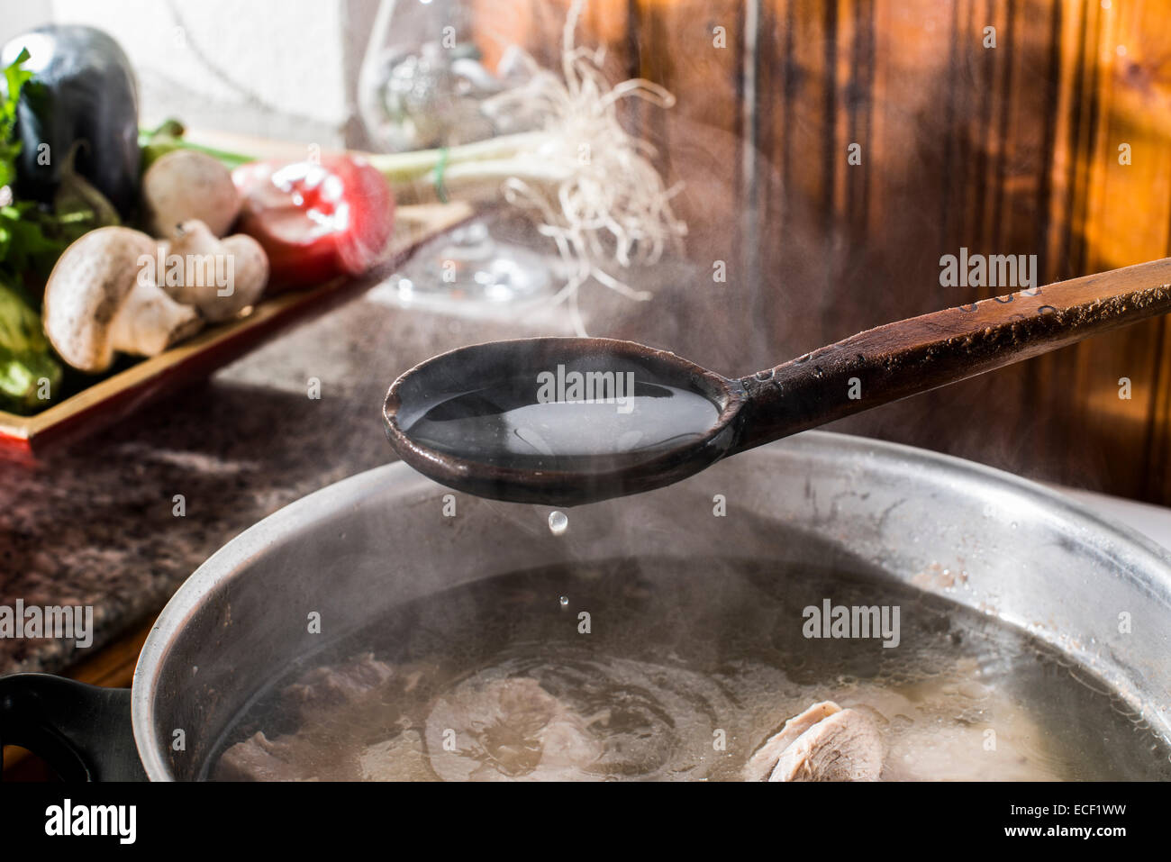 Cooking meat in vintage kitchen. Steam Stock Photo - Alamy