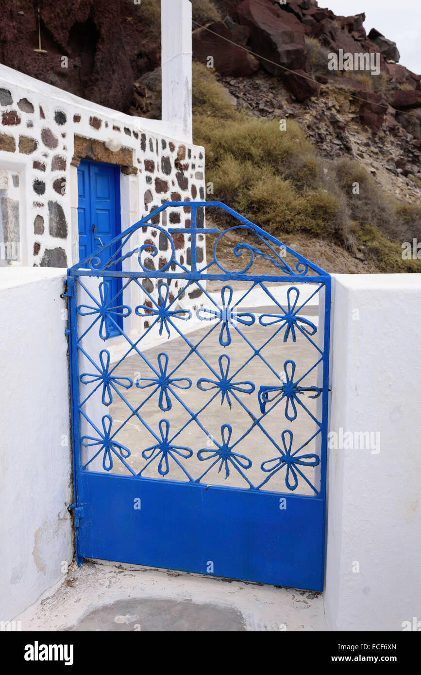 Greek blue church gate Akrotiri Santorini Greece Stock Photo - Alamy