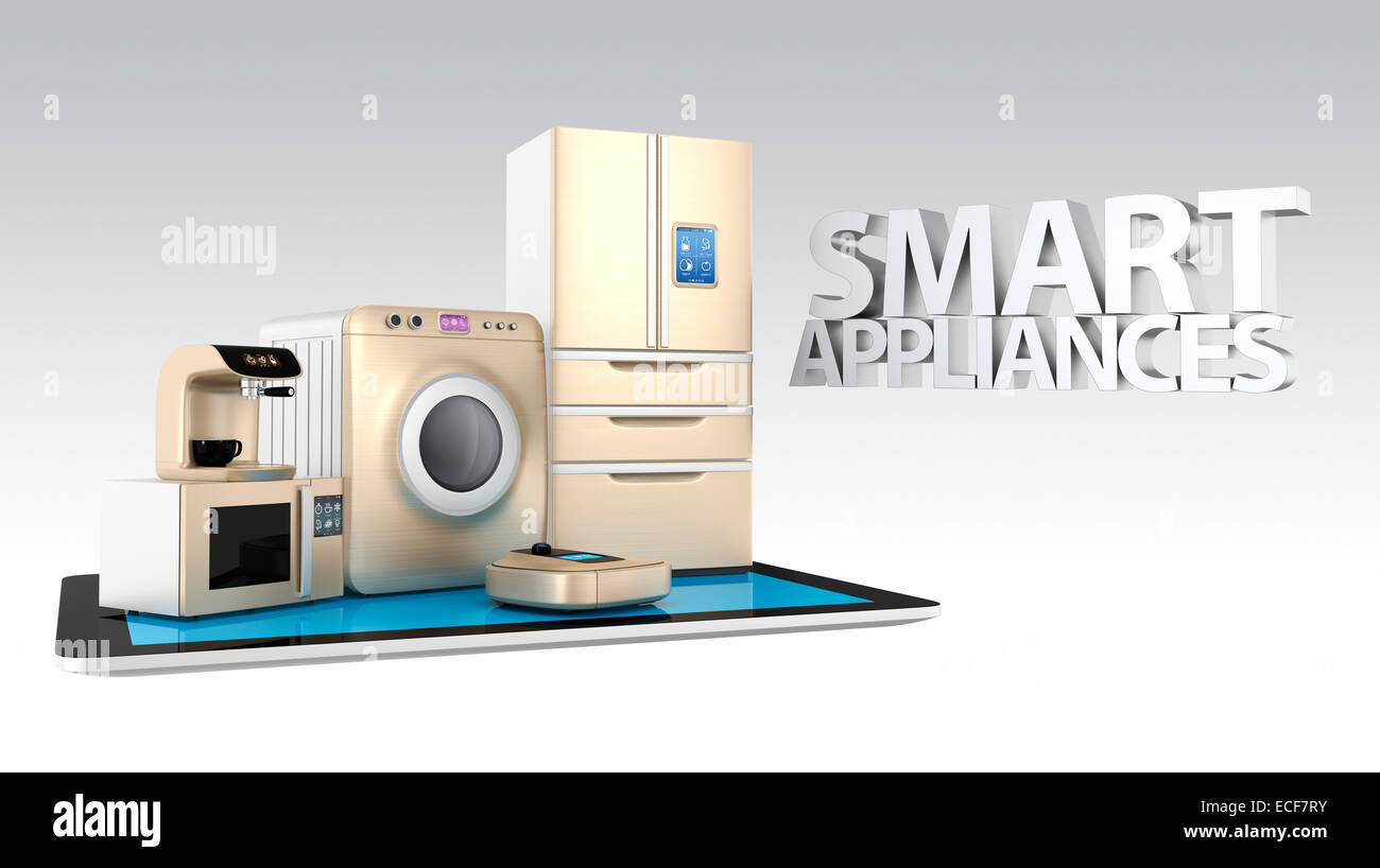 Concept of smart kitchen appliances control by tablet PC Stock Photo ...