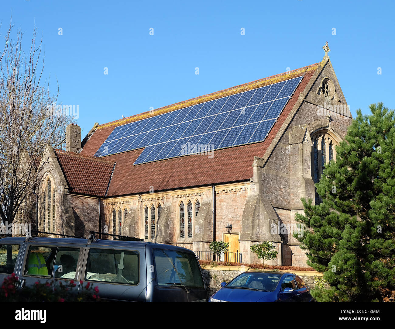 Solar panels on the roof of Cheddar Methodist Church, showing a green ...