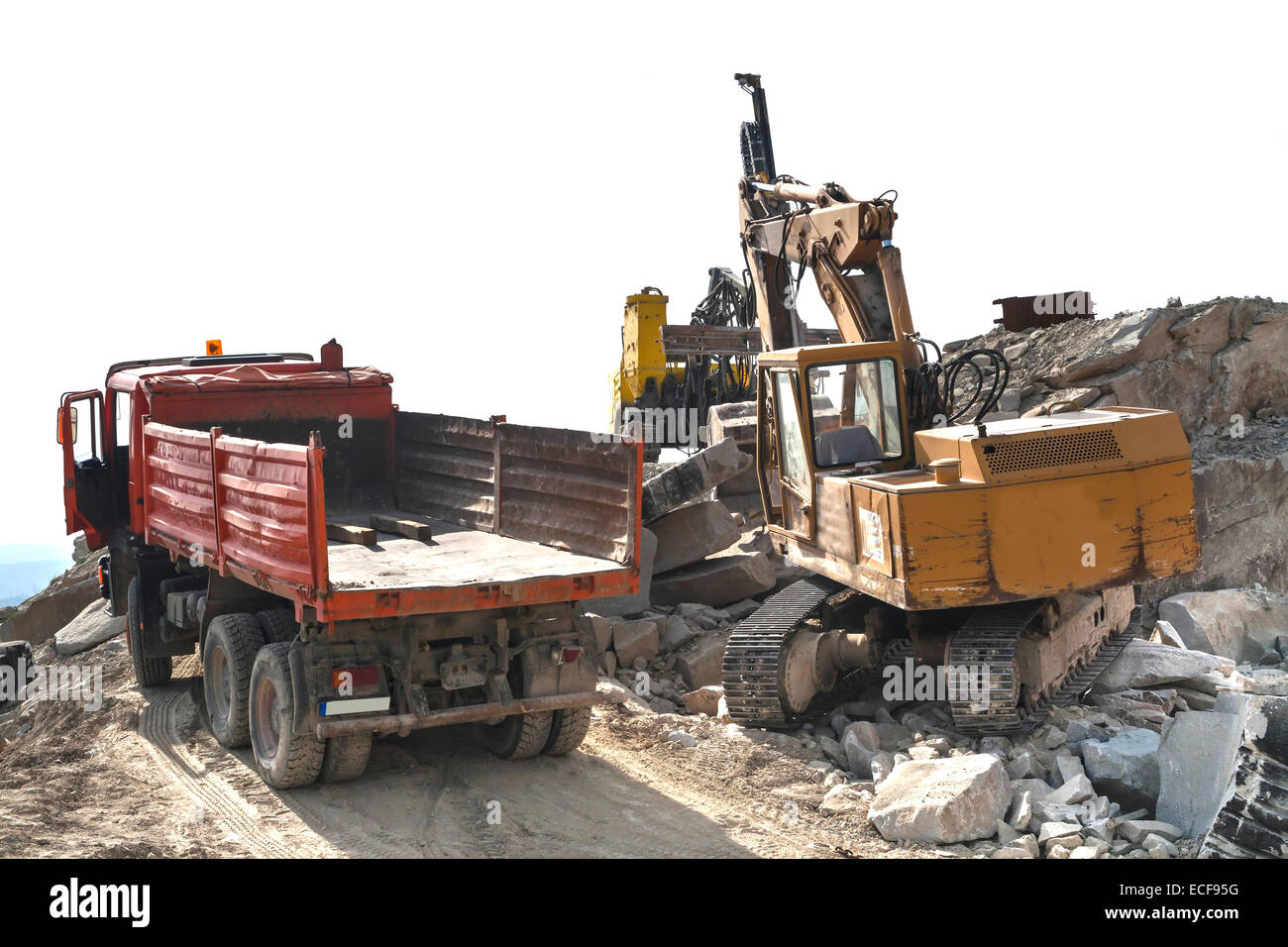 Granite quarry. Working mining machines. Mining industry Stock Photo ...