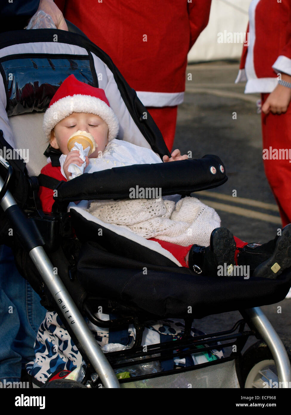 Baby in a pram wearing a Santa suit eating an ice cream at the Padstow ...
