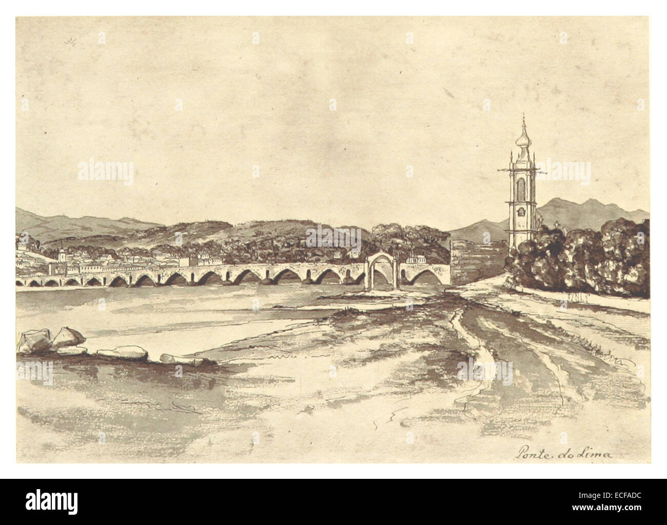 An 1875 illustration by Latouche depicting Ponte do Lima, a town in ...