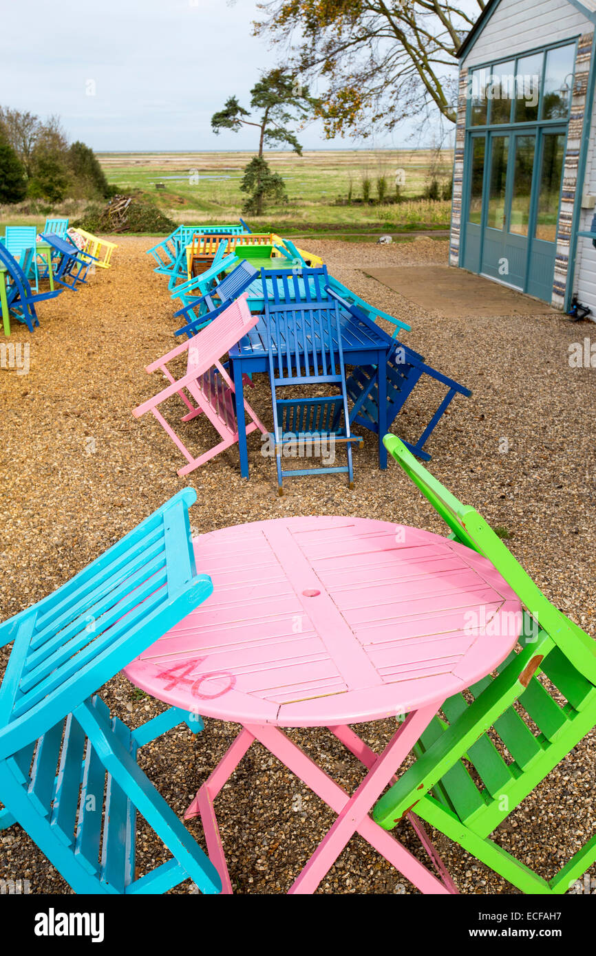 colourful tables and chairs at Wiveton hall cafe, Blakeney, norfolk, UK ...