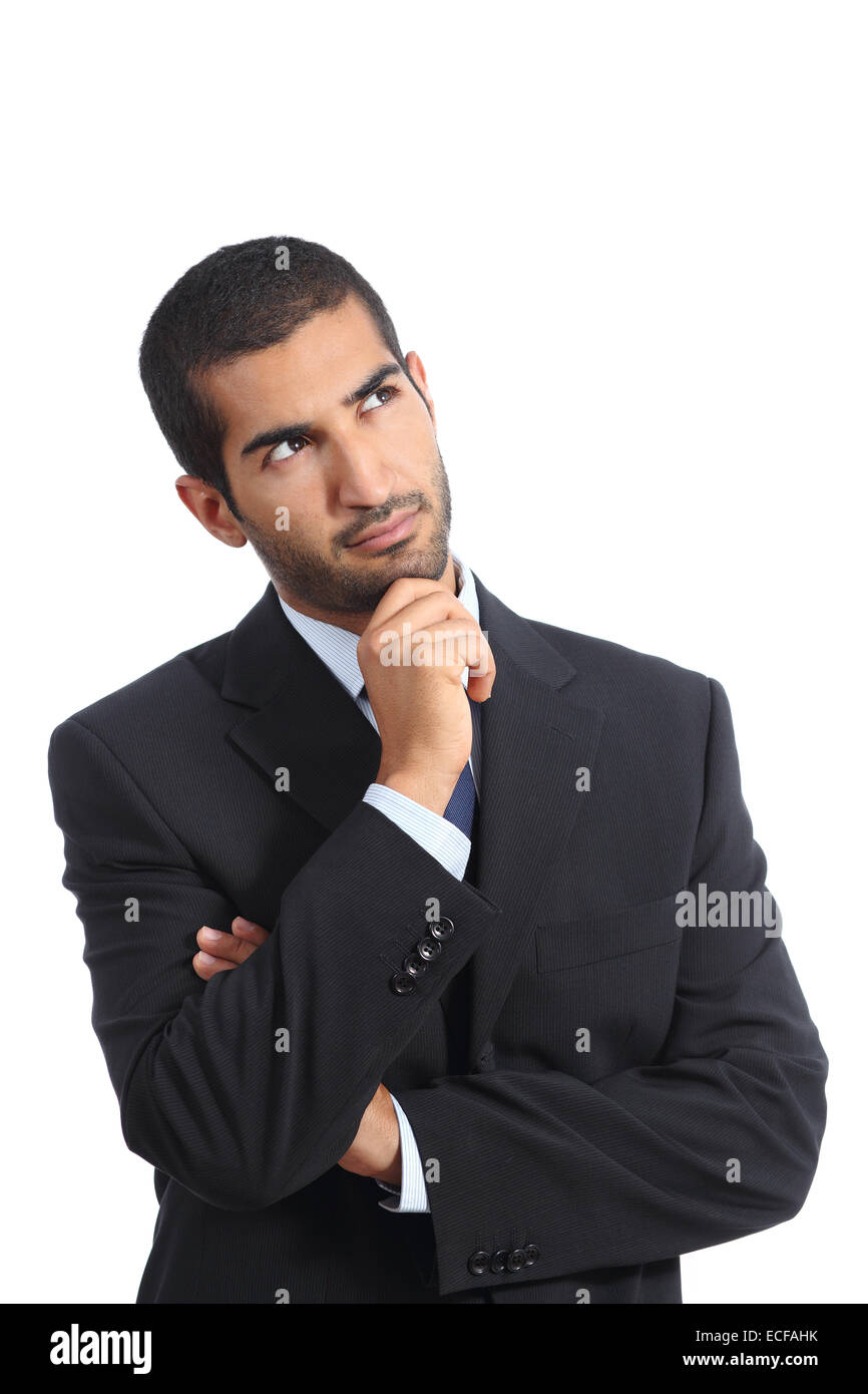 Arab business man thinking serious looking sideways isolated on a white ...