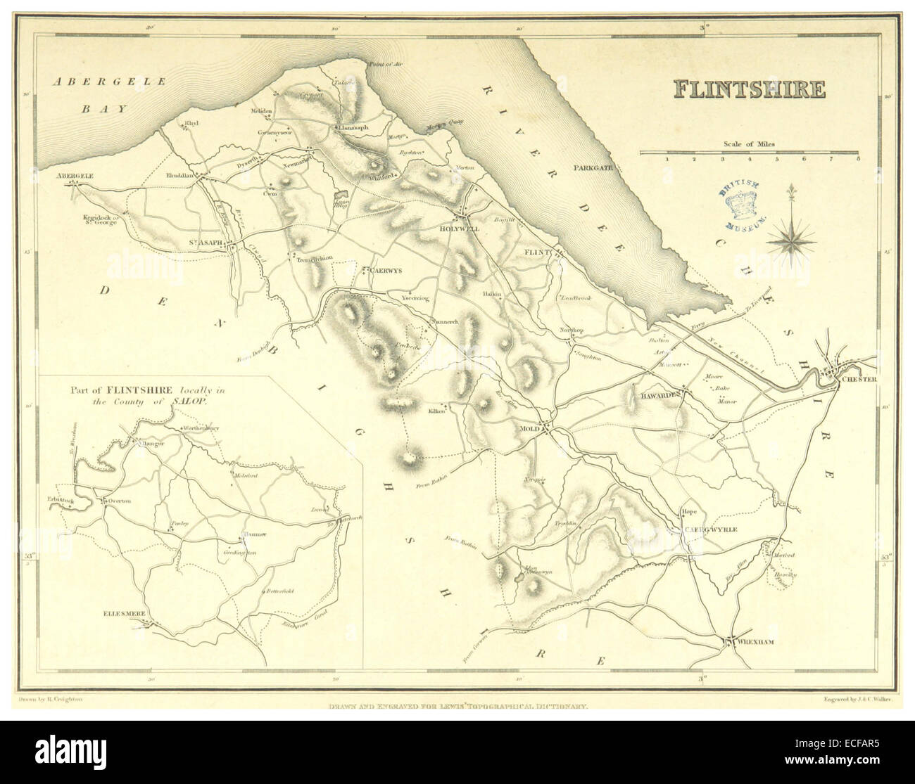 A map from 1833 by Lewis depicting Flintshire, a county in Wales. The ...