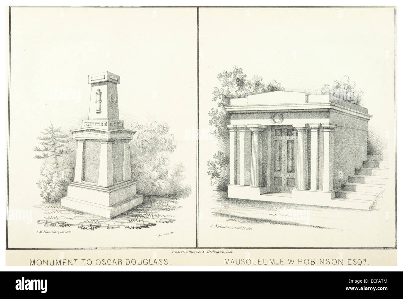 An 1844 illustration by LHC showing various monuments, representing ...