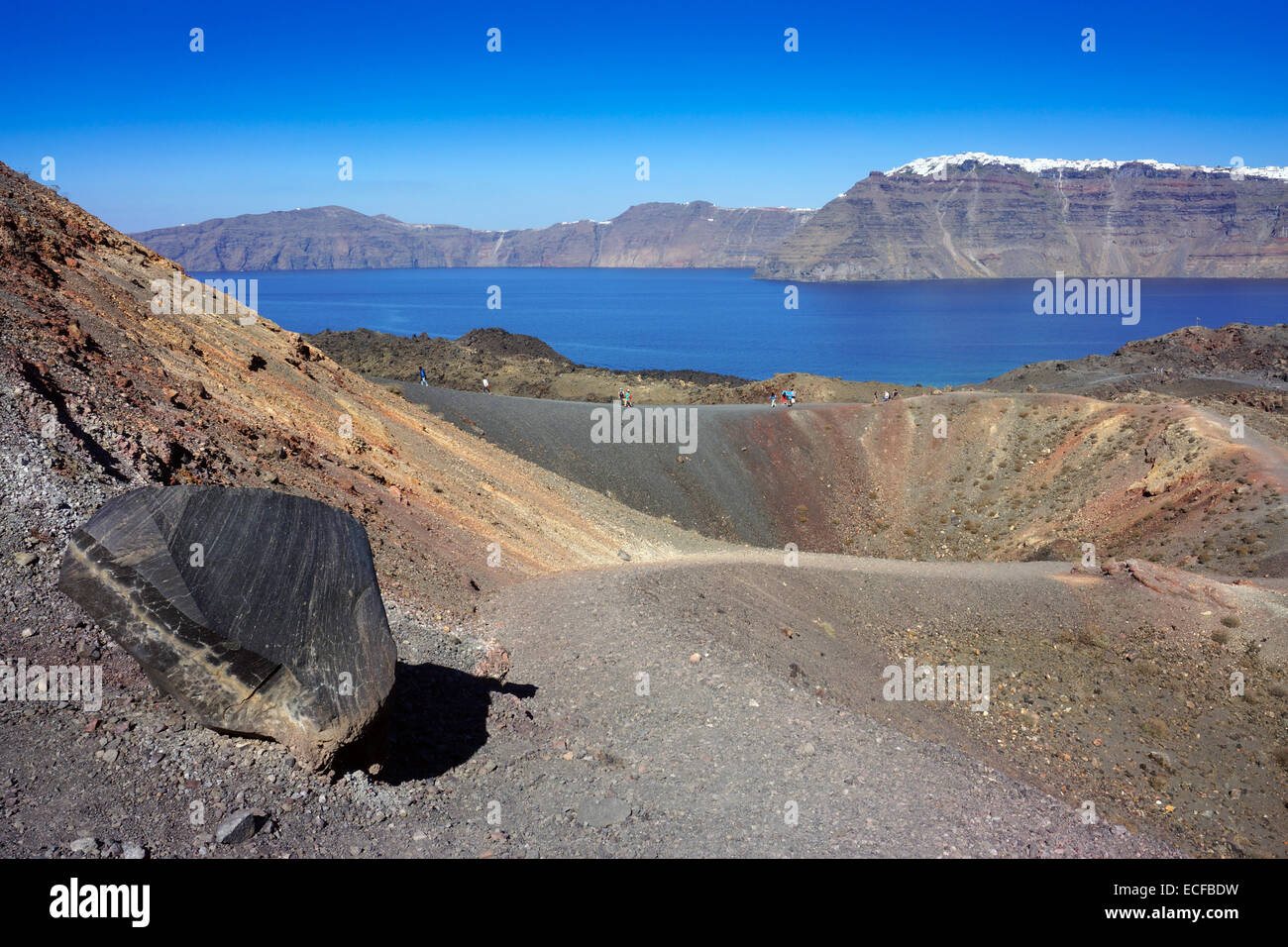 Nea Kameni volcanic lava island, Santorini, Greece, with Fira on the ...