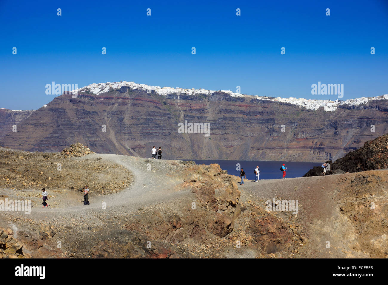 Nea Kameni volcanic lava island, Santorini, Greece, with Fira on the ...