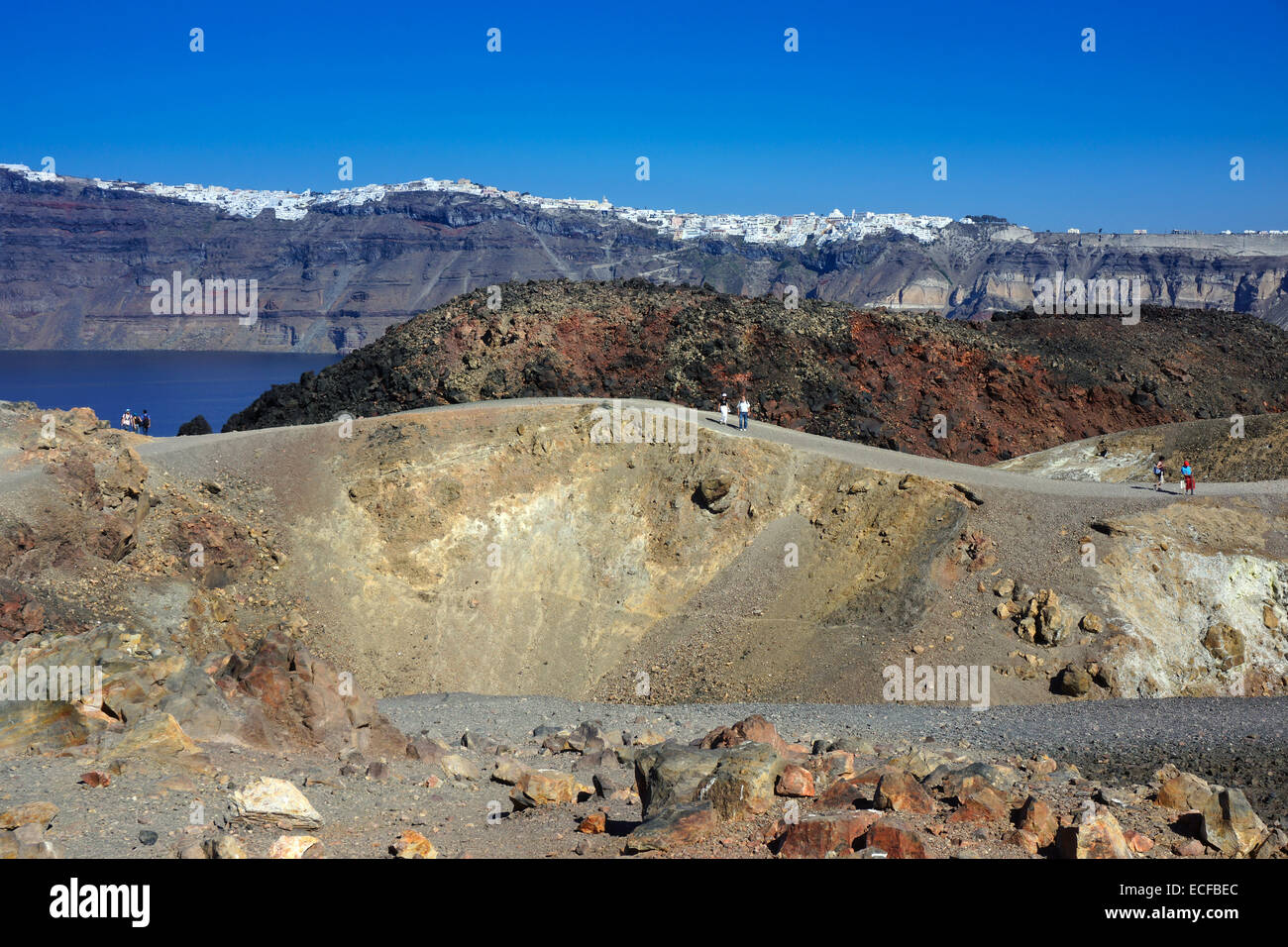 Nea Kameni volcanic lava island, Santorini, Greece, with Fira on the ...