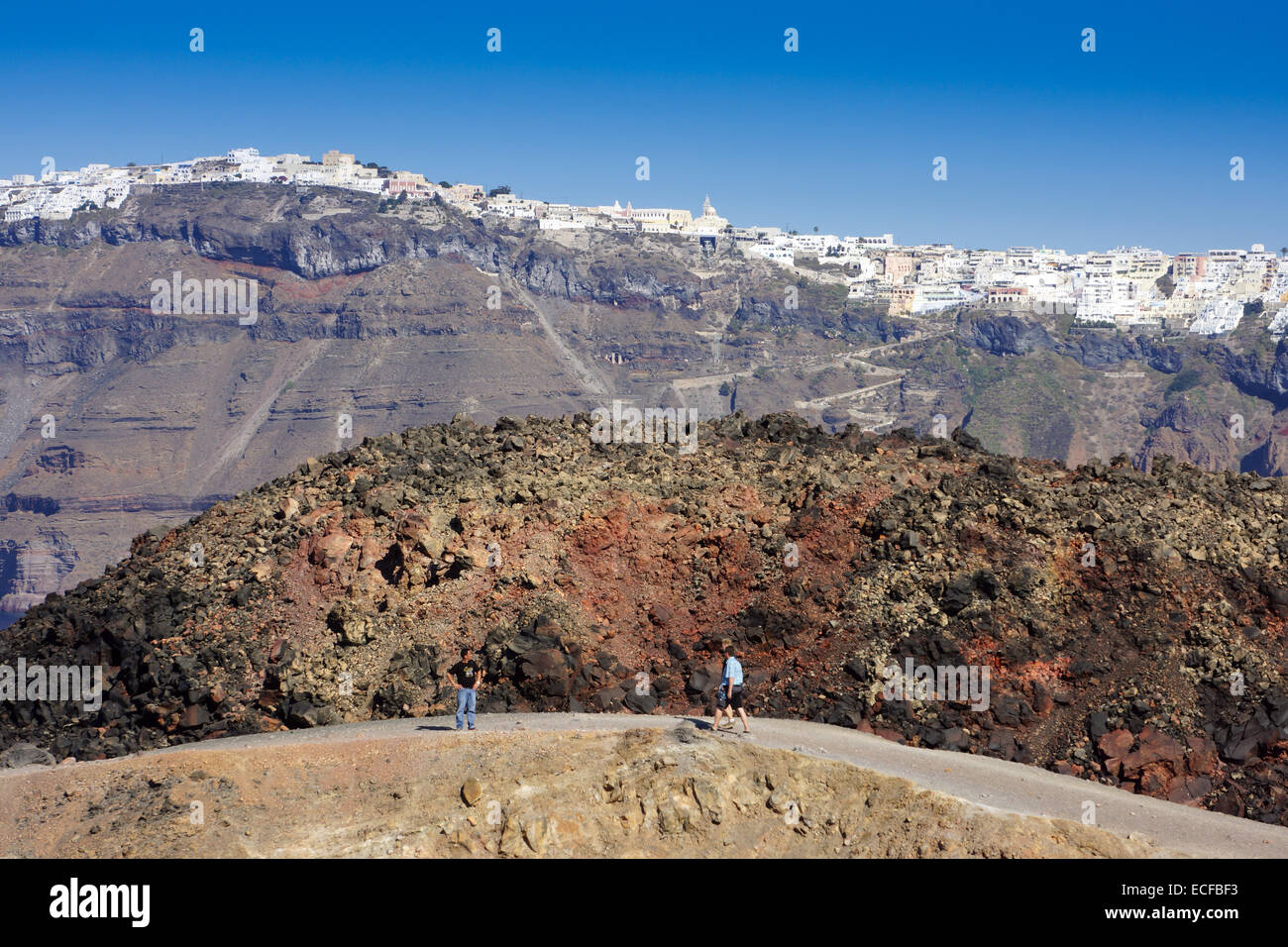 Nea Kameni volcanic lava island, Santorini, Greece, with Fira on the ...