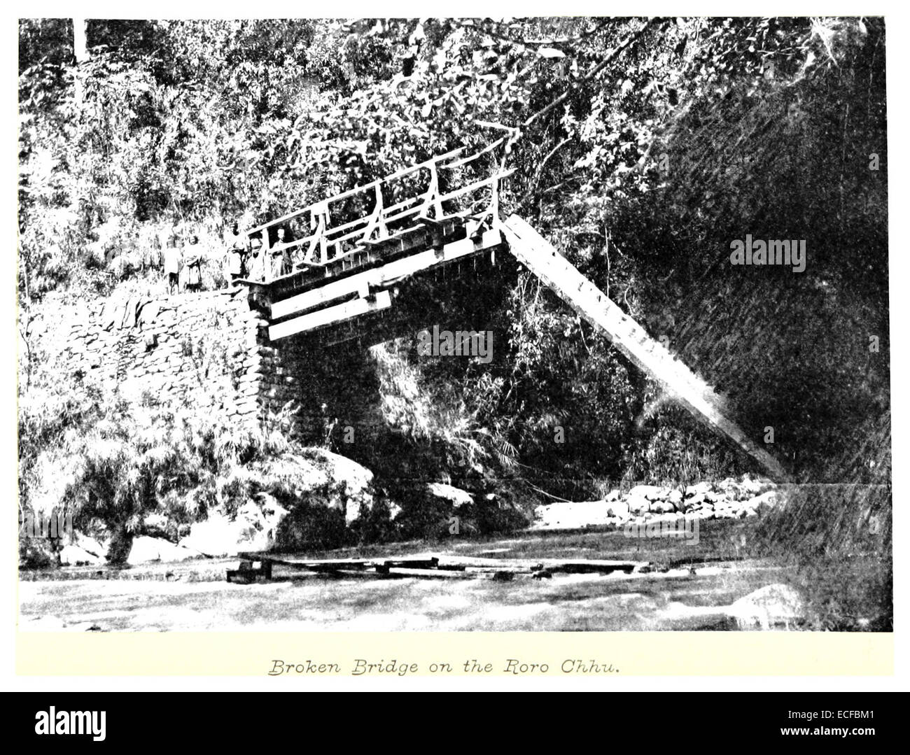 An 1894 illustration by Louis of a broken bridge on the Roro Chhu River ...