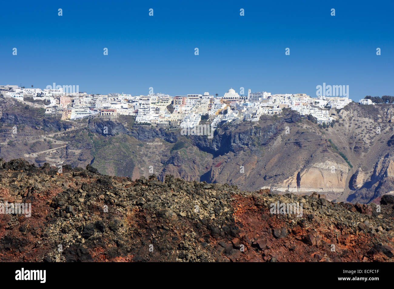 Nea Kameni volcanic lava island, Santorini, Greece, with Fira on the ...