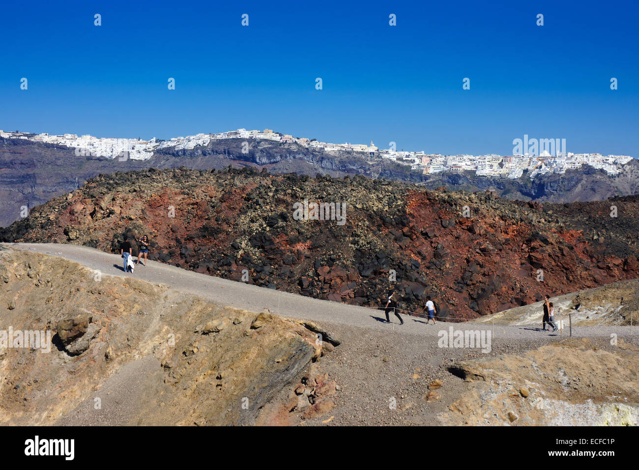 Nea Kameni volcanic lava island, Santorini, Greece, with Fira on the ...