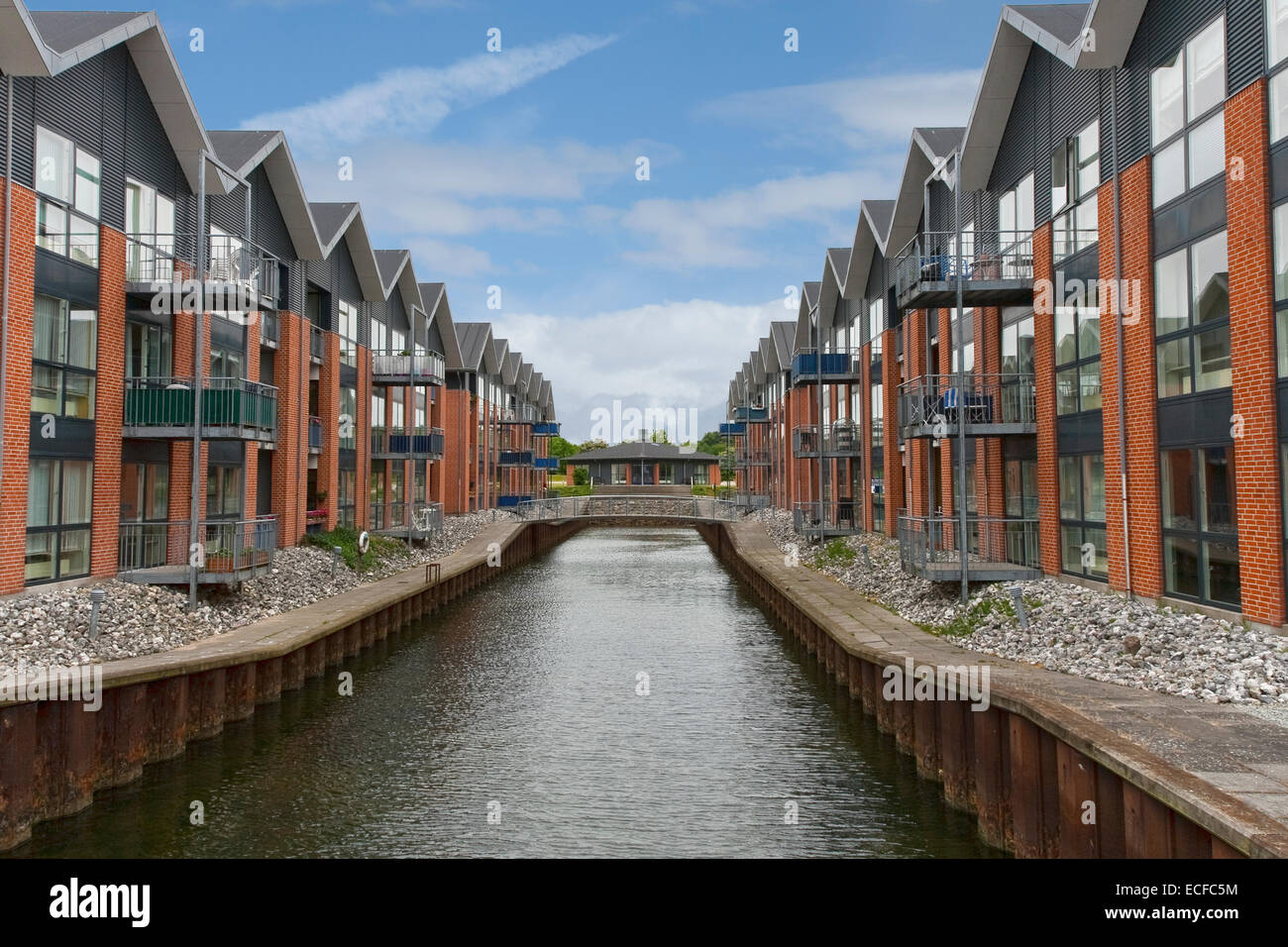 Modern flats at a canal in the small port at Graasten, Denmark Stock ...