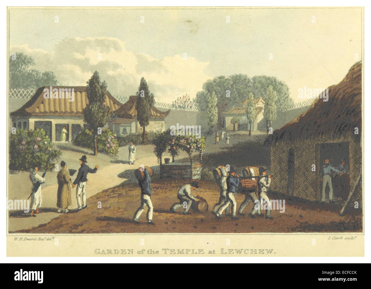 This 1817 illustration by MacLeod shows a garden and temple in Lewchew ...