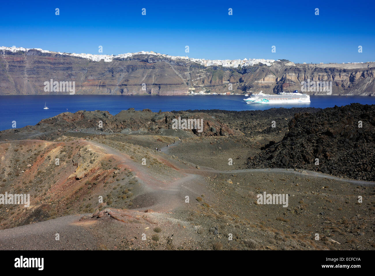 Nea Kameni volcanic lava island, Santorini, Greece, with Fira on the ...