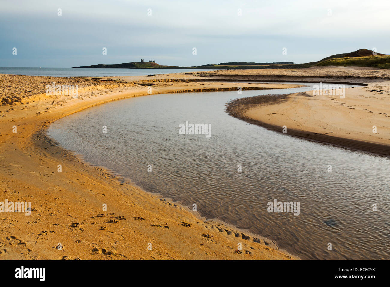 A river entering the North Sea at Newton Links, Northumberland, UK with ...