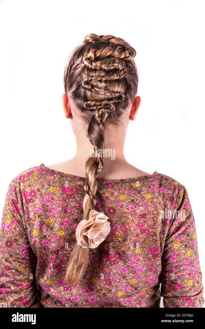 beauty wedding hairstyle rear view isolated on white with white flower ...