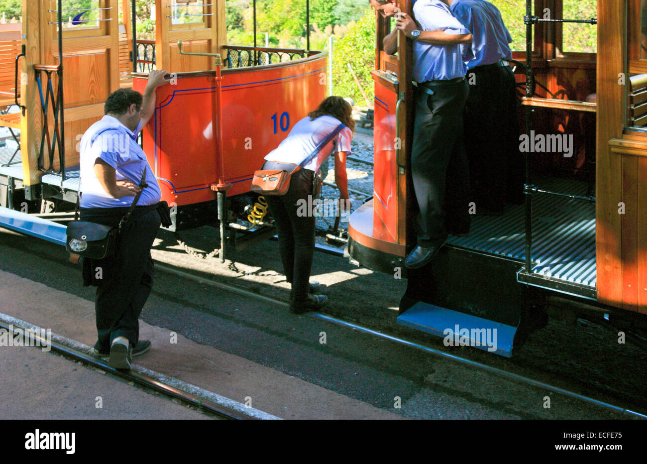 Coupling of two cars of the historical tram between Soller and Puerto ...