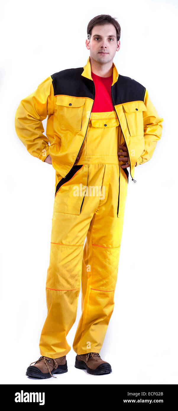 Worker in safety suit isolated on white background Stock Photo - Alamy