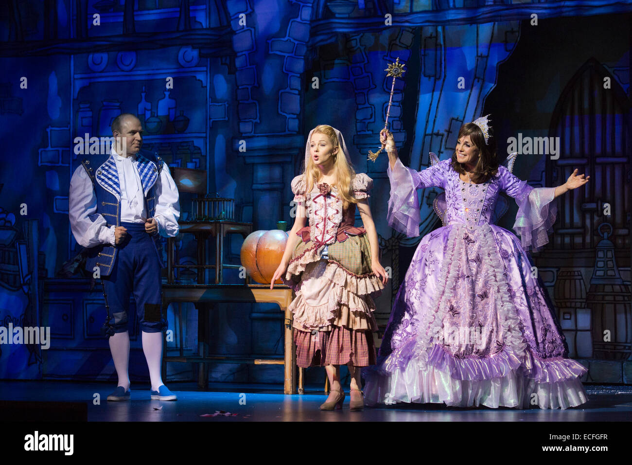 L-R: Tim Vine as Buttons, Amy Lennox as Cinderella and Linda Gray as ...