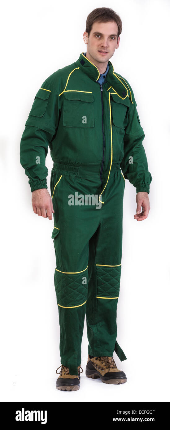 Worker in safety suit isolated on white background Stock Photo - Alamy