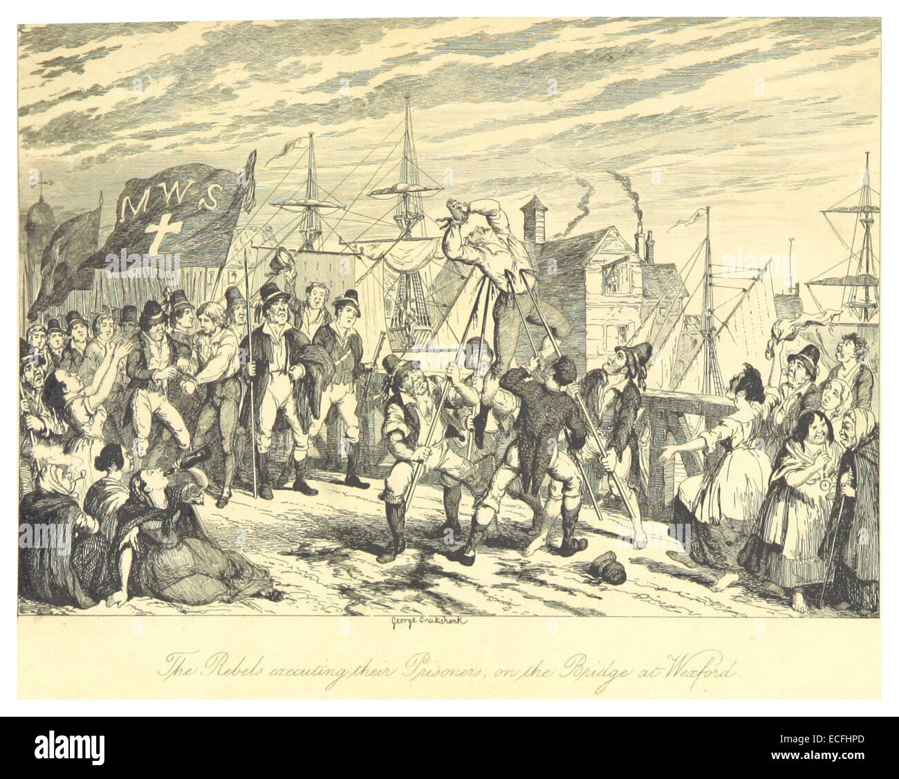 An 1845 illustration by Maxwell depicting executions at Wexford Bridge ...