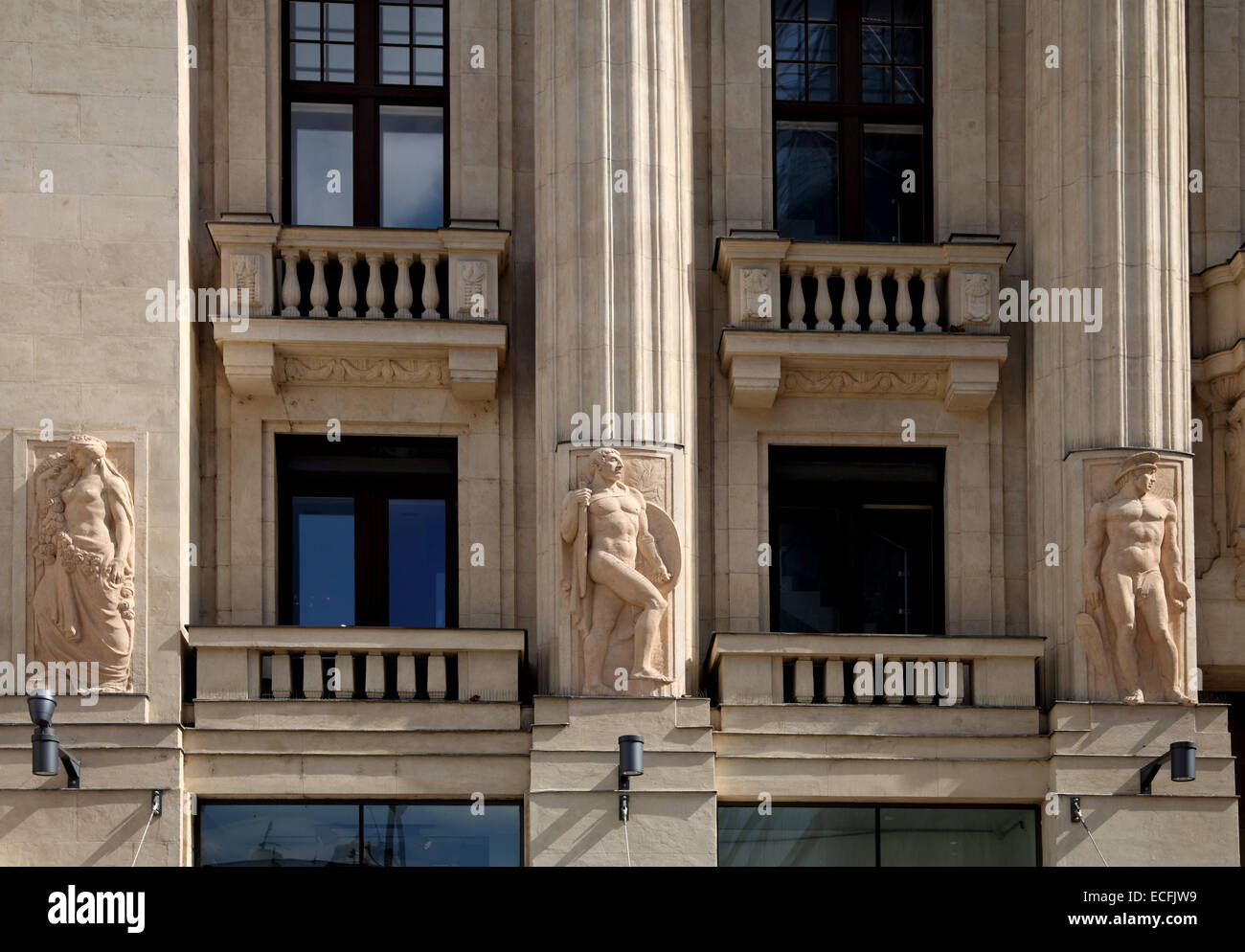 Upright view of building facade showing statues or carvings or facades ...