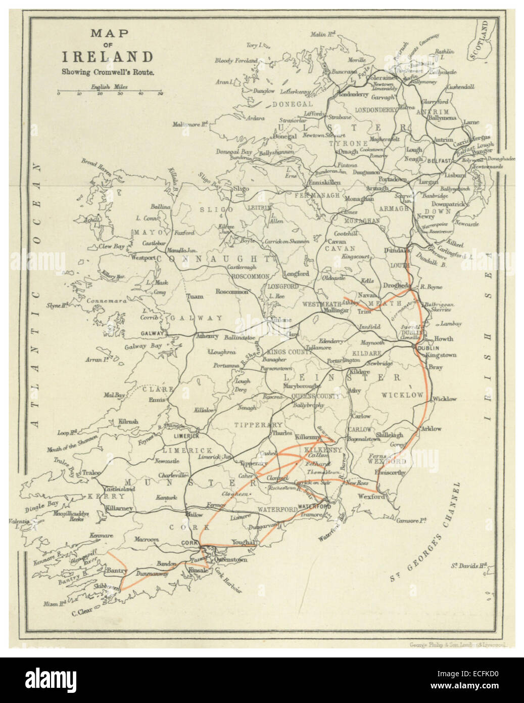 MURPHY(1883) p008 Map of Ireland, showing Cromwell's Route Stock Photo ...
