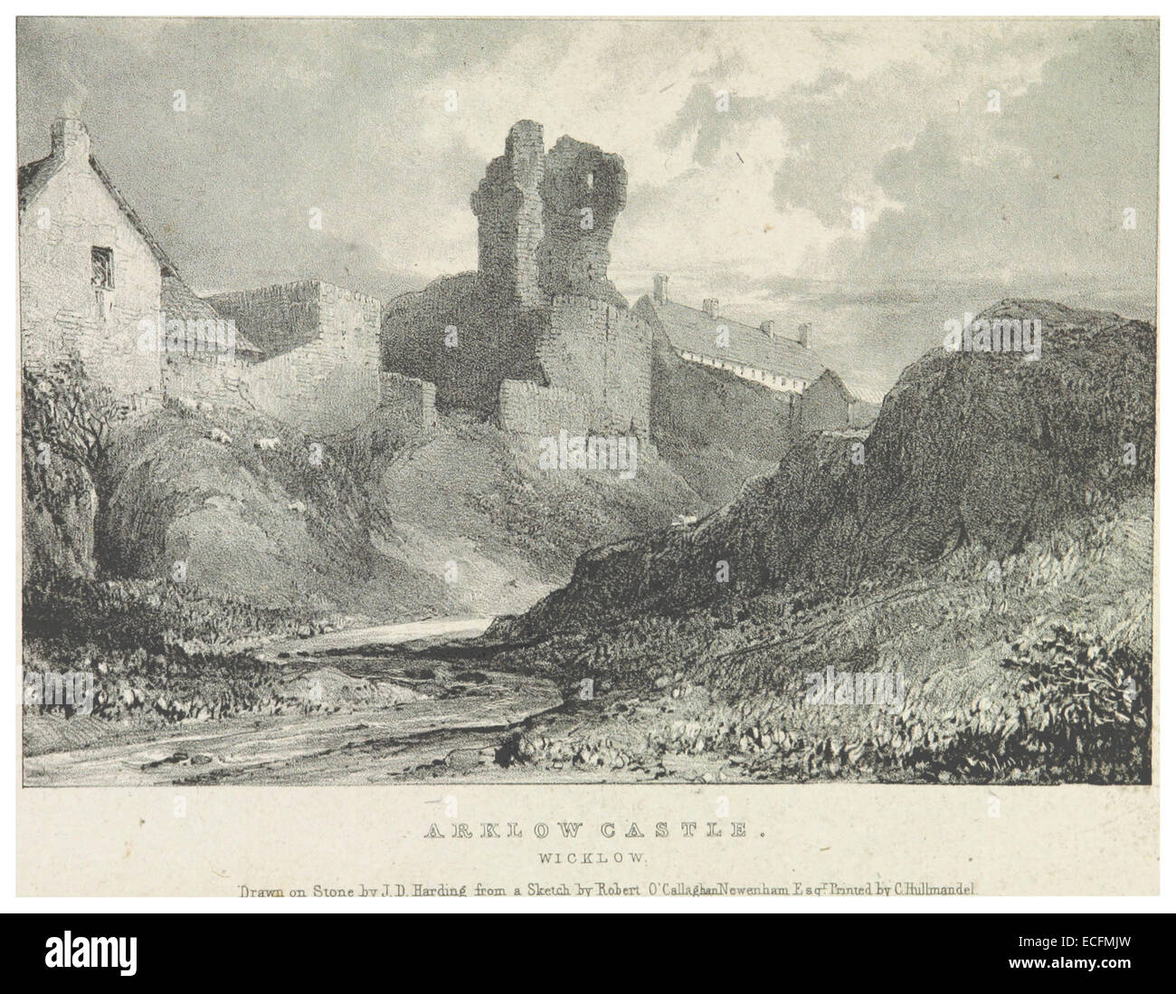 A historical depiction from 1830 of Arklow Castle in County Wicklow ...
