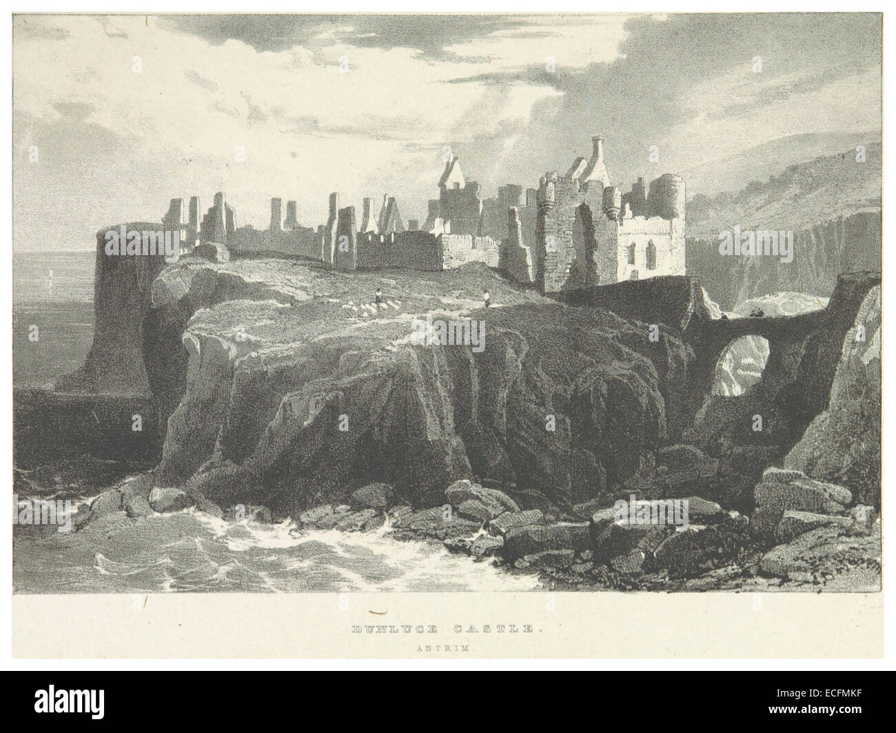 An 1830 illustration by Newenham depicting Dunluce Castle, located in ...