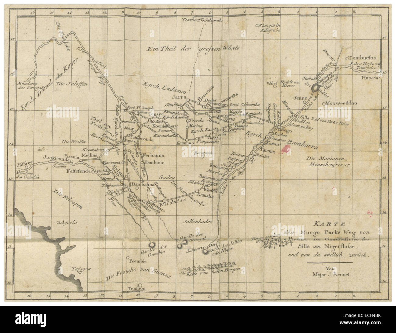 This map from 1800 shows the travel route of Mungo Park across West ...