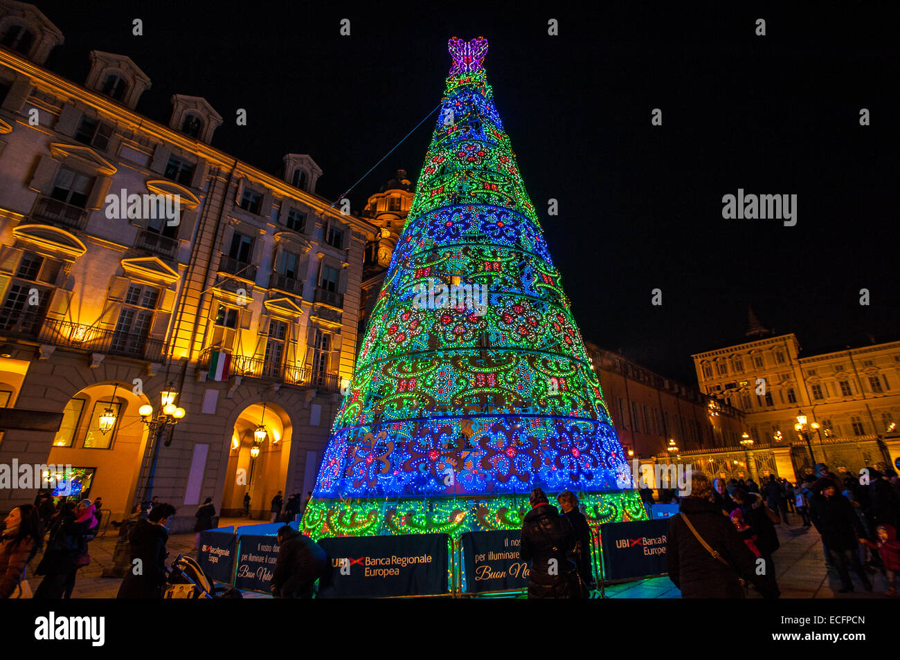 Piazza Castello in Turin, Italy. 13th December, 2014. Christmas tree in ...