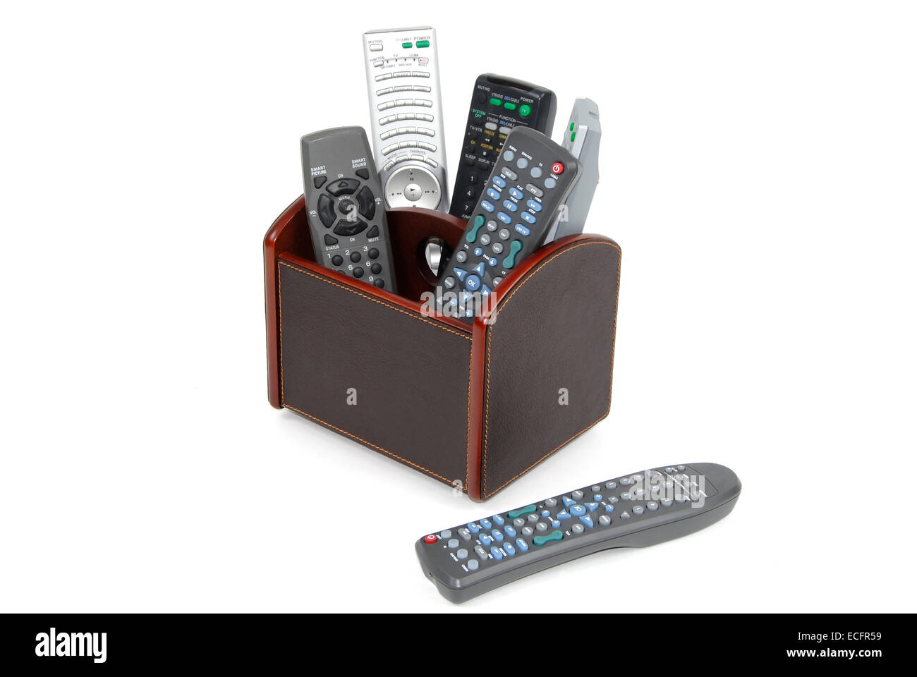 Small leather box containing many varied remote control devices used ...