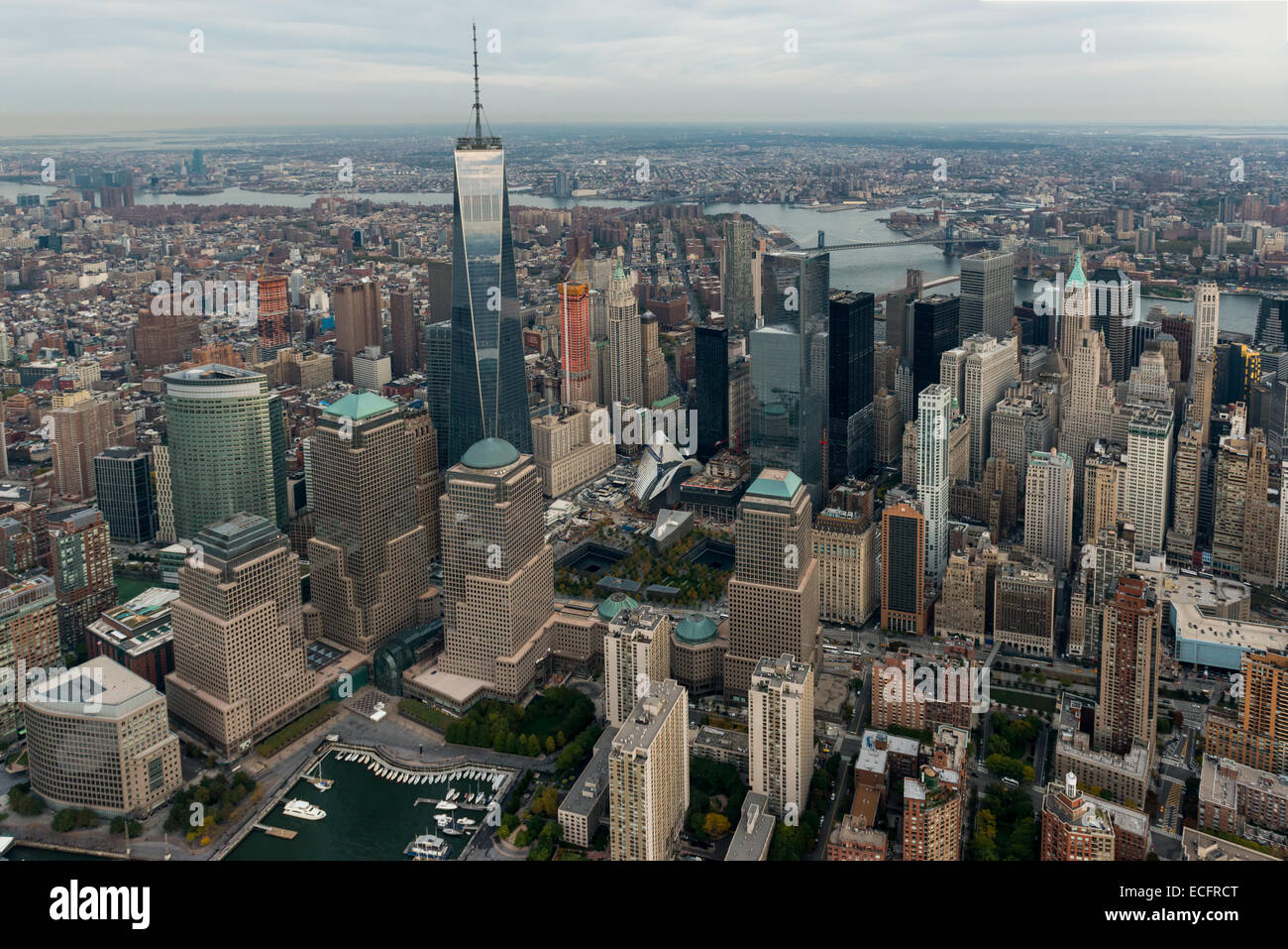 Freedom Tower and 9/11 memorial reflecting pools seen from the air ...