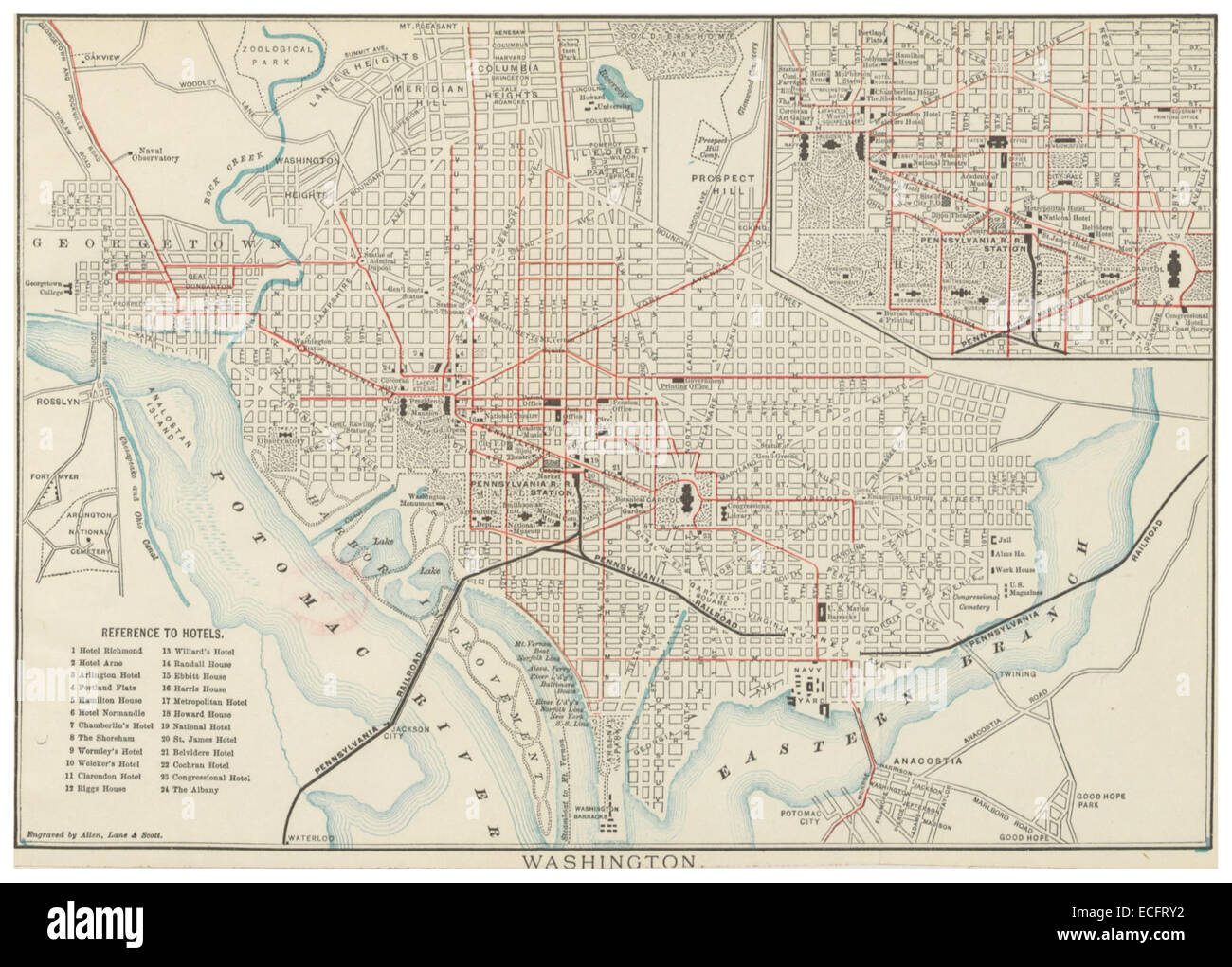 An 1893 map showing the railroad lines of Washington, D.C. This ...
