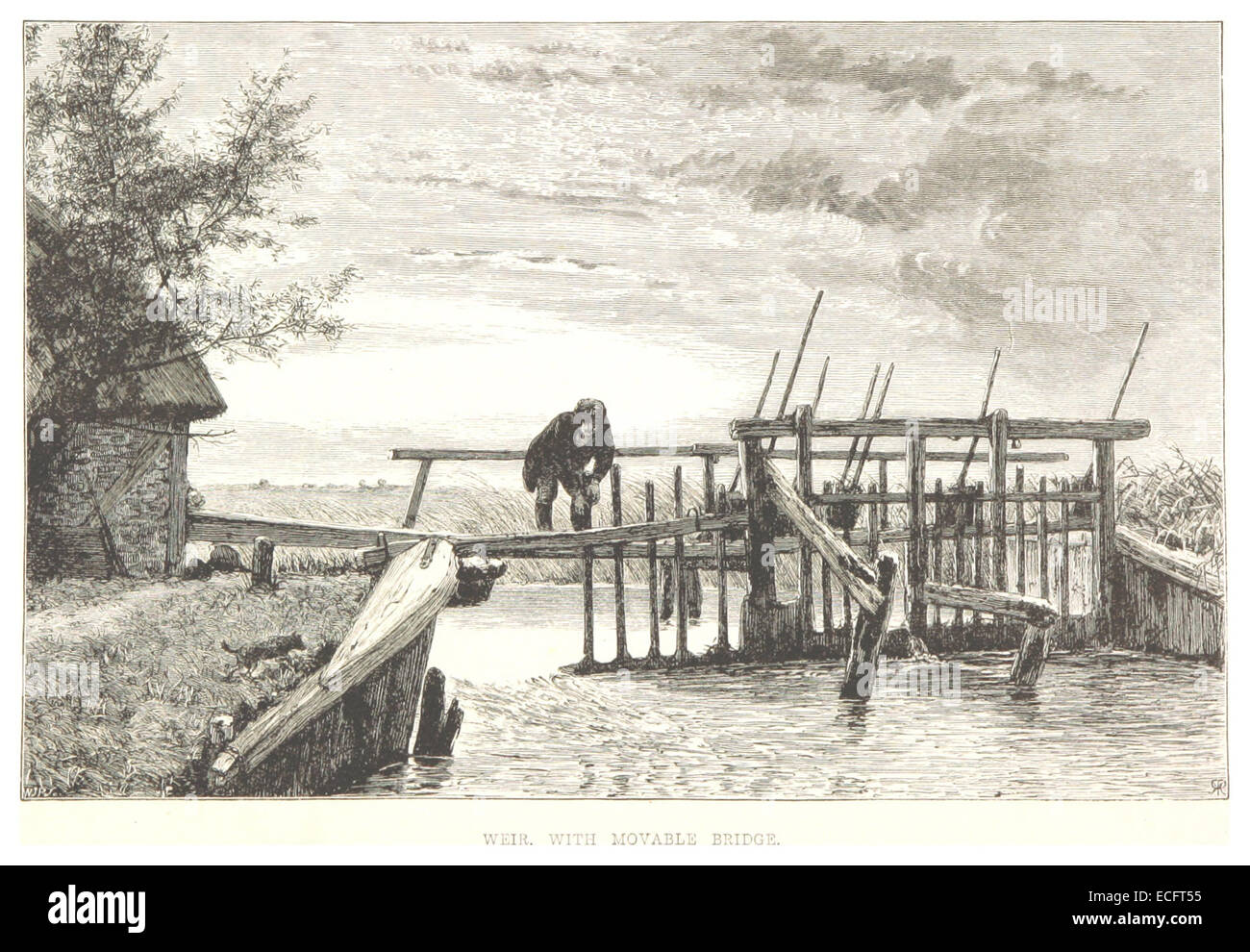 An 1875 sketch depicting a weir with a movable bridge. The drawing ...