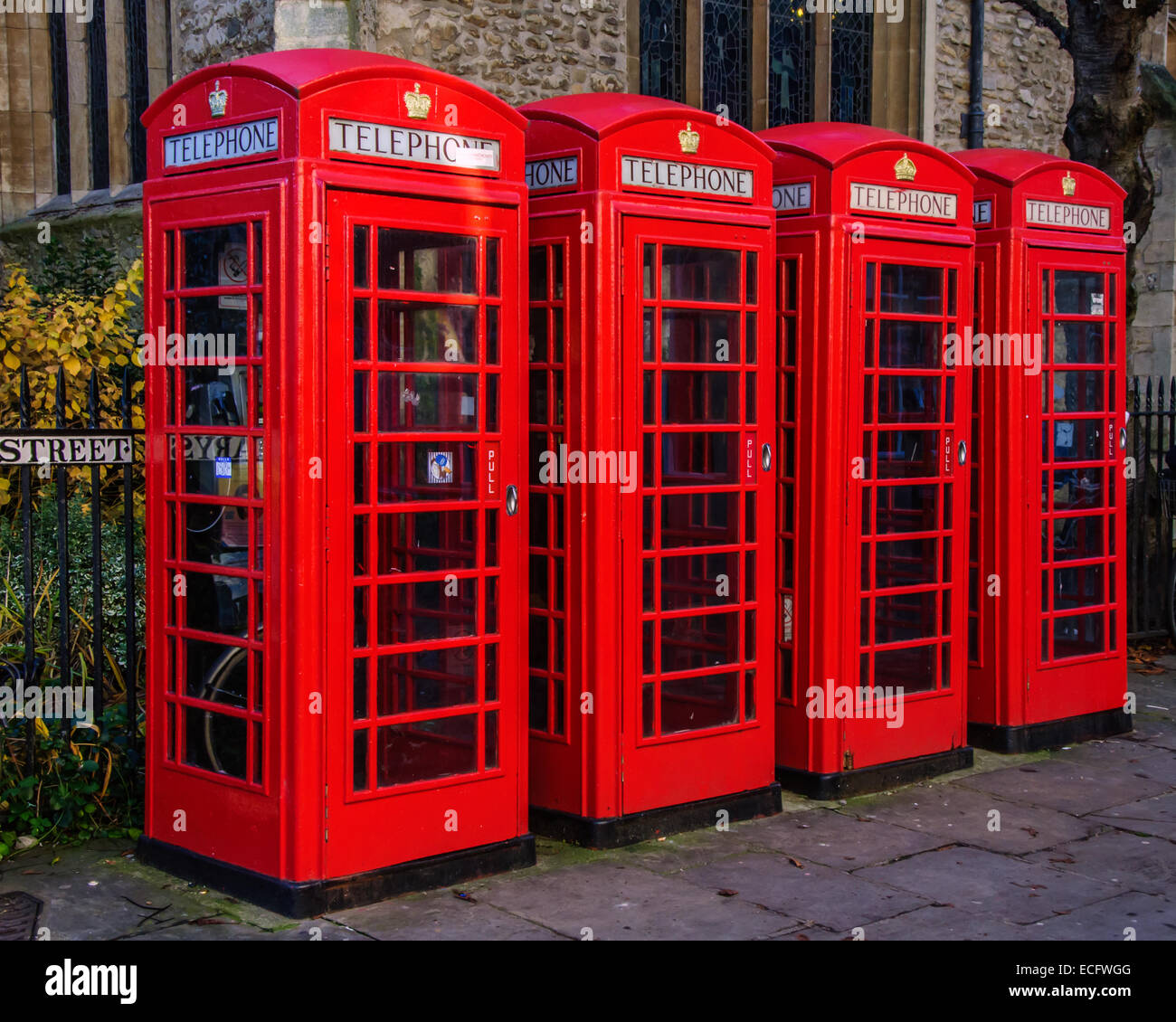 Four old red telephone boxes at Cambridge Stock Photo - Alamy