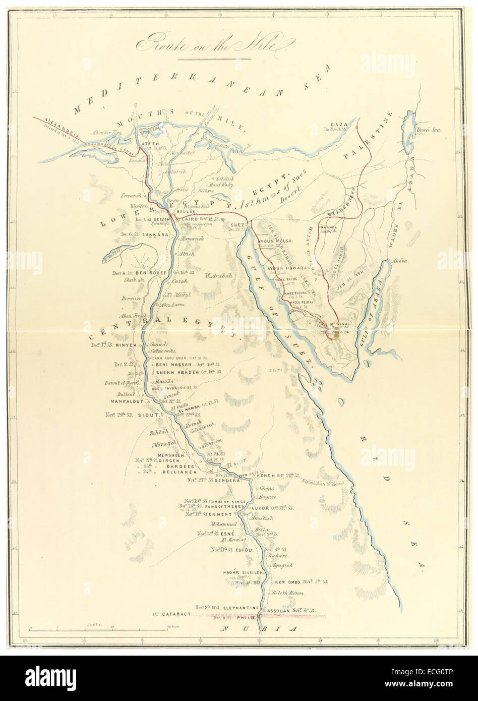 This 1855 map by Tobin depicts the route along the Nile River, showing ...