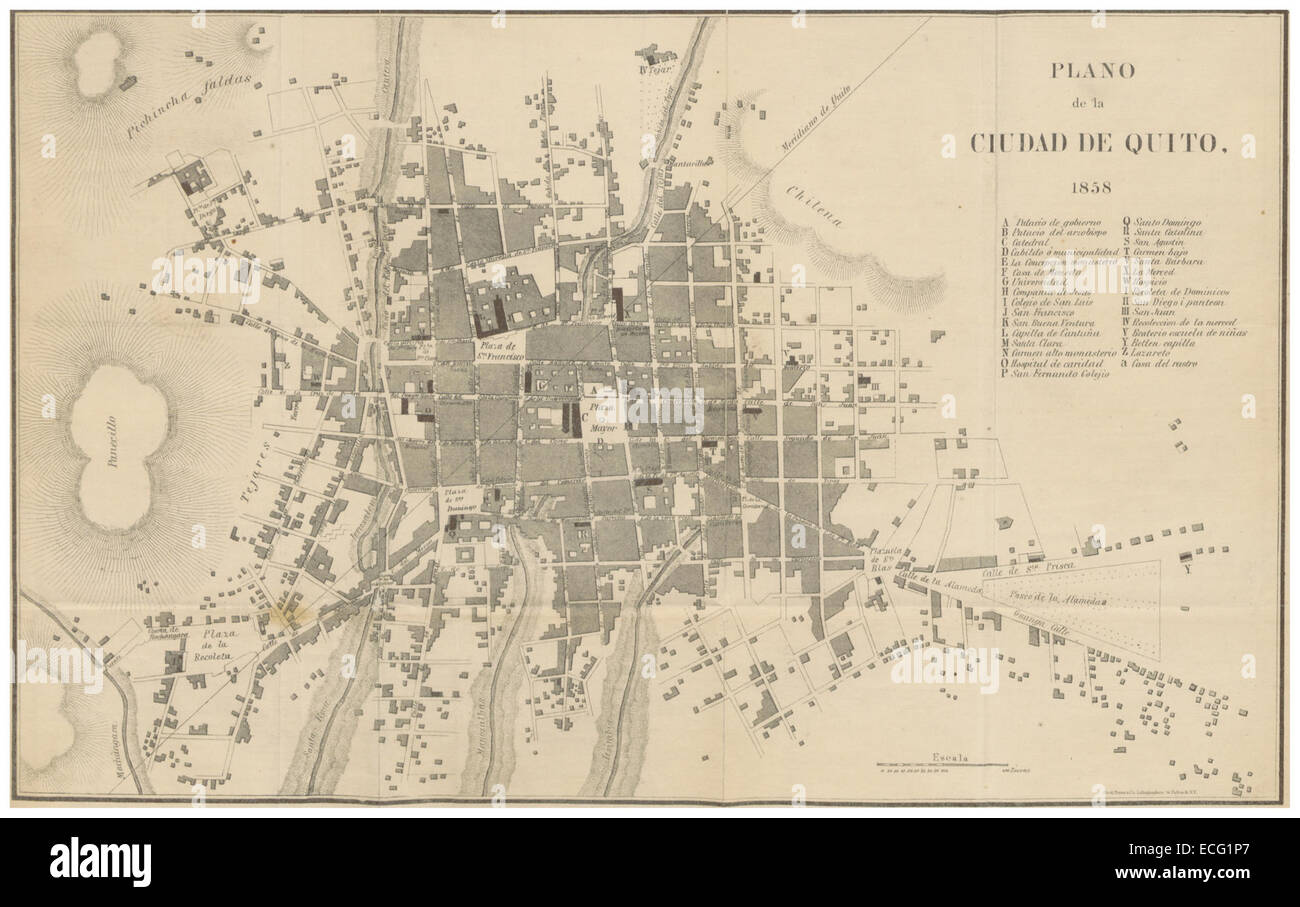 This 1858 map, 'Plano de la Ciudad de Quito', shows the layout of the ...