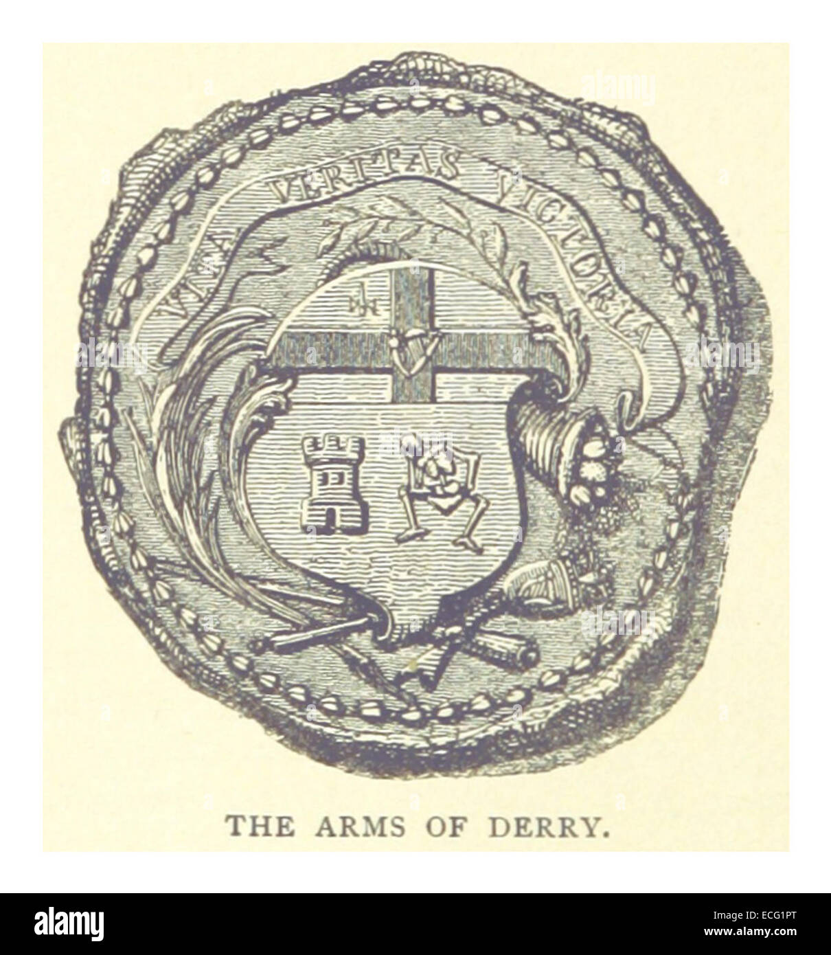 This 1893 illustration by Walker depicts the arms of Derry ...