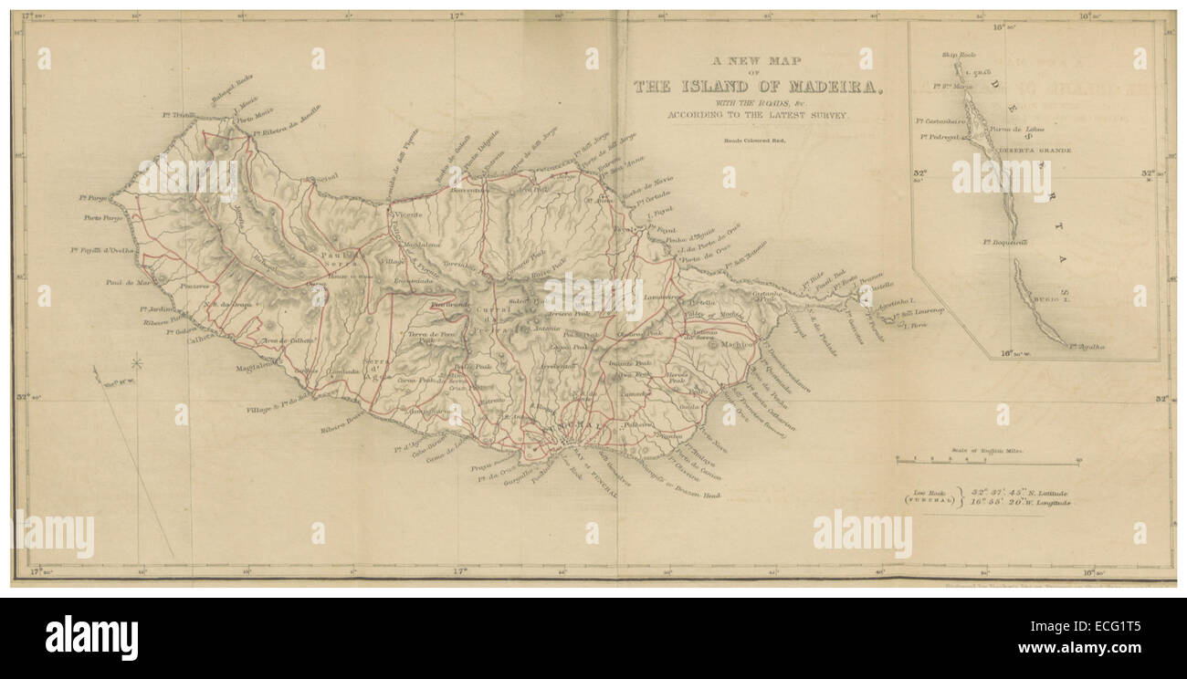 This 1851 map of Madeira showcases the island's geography, key towns ...