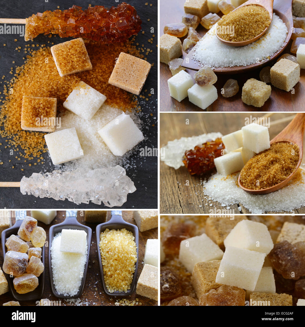 collage assortment of sugar (refined sugar, white, brown Stock Photo ...