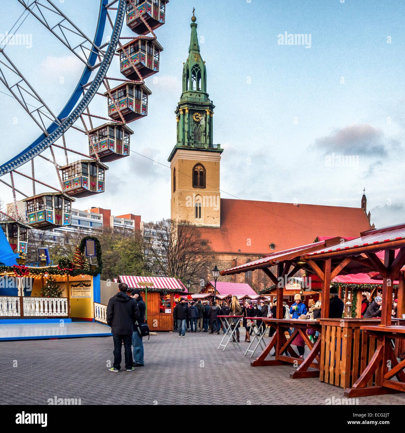 Christmas market, ferris wheel, stalls and historic church, the ...